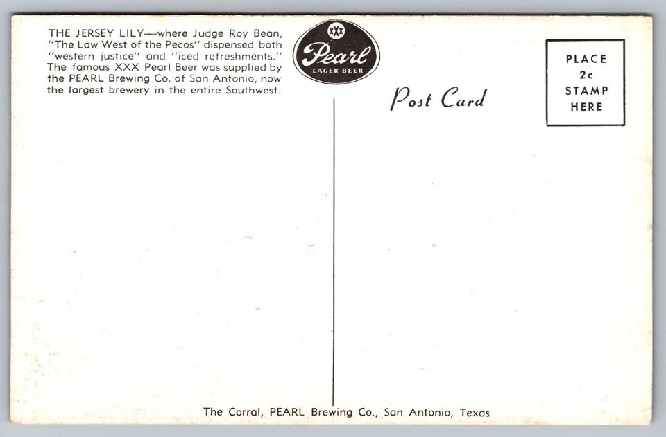 Postcard The Jersey Lily Judge Roy Bean Pearl Brewing Co. San Antonio ...