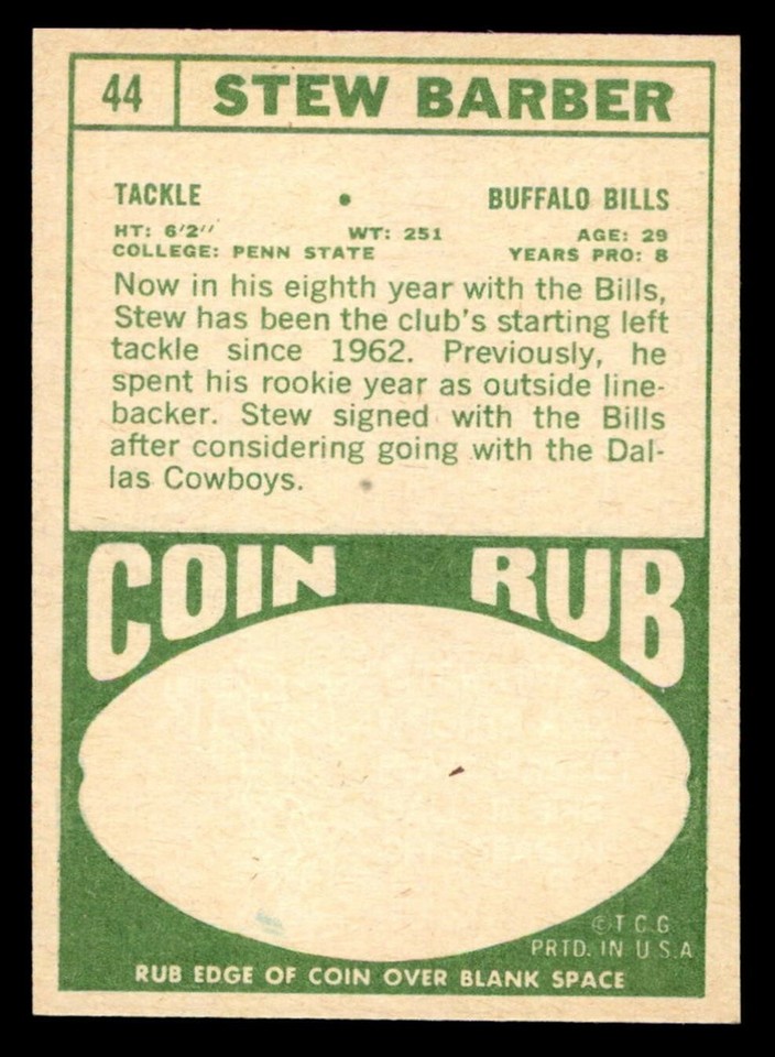 1968 Topps Football #44 Stew Barber NM/MT *d2 | eBay