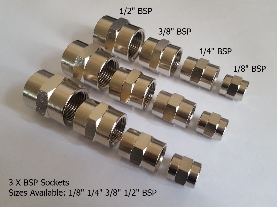 3 X BSP SOCKETS SIZES AVAILABLE:1/8" 1/4" 3/8" 1/2" BSP BRASS FITTINGS ...
