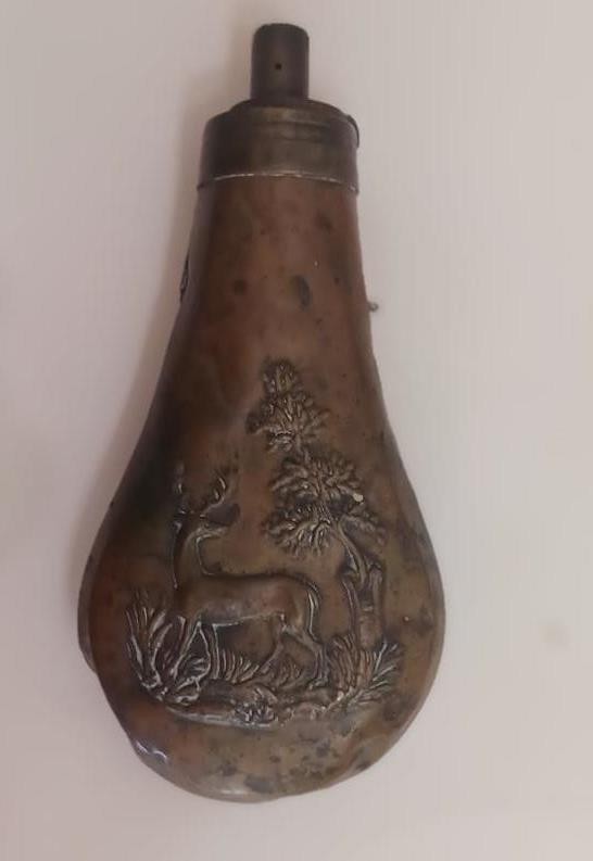 ANTIQUE BLACK POWDER GUNPOWDER FLASK BRASS WITH STANDING DEER WITH ...