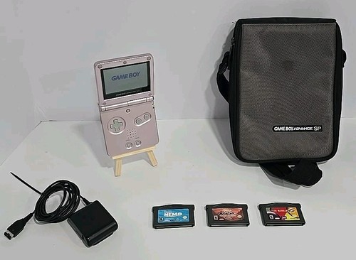 Pink Gameboy Advance SP Model AGS-101 + OEM Charger Carrying Case & 3 ...