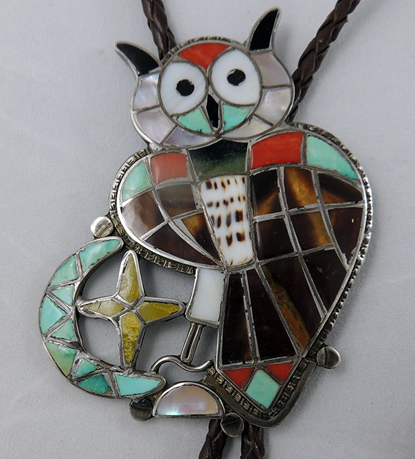 Splendid Best! Zuni attr. Ted Edaakie Mosaic Inlay Roadrunner Bolo Pre ...