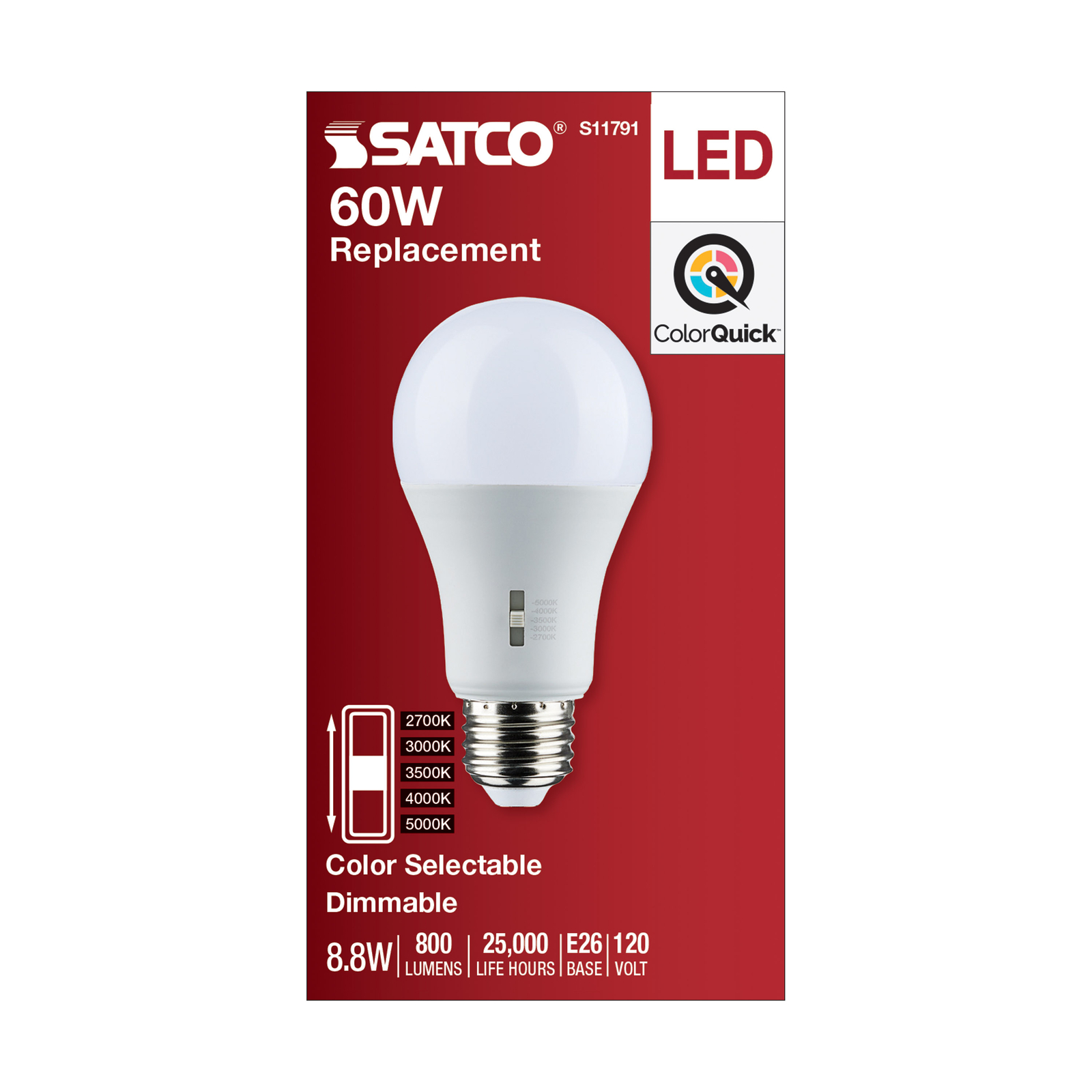Satco S11791 LED 8.8W =60W 120V A19 Dimmable CCT Selectable Medium E26 ...