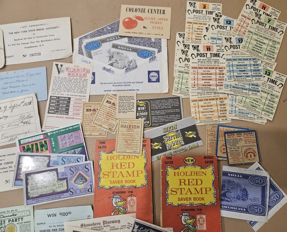 LOT ANTIQUE PAPER Ephemera COUPONS SAVINGS STAMPS LOTTERY RAFFLE ...