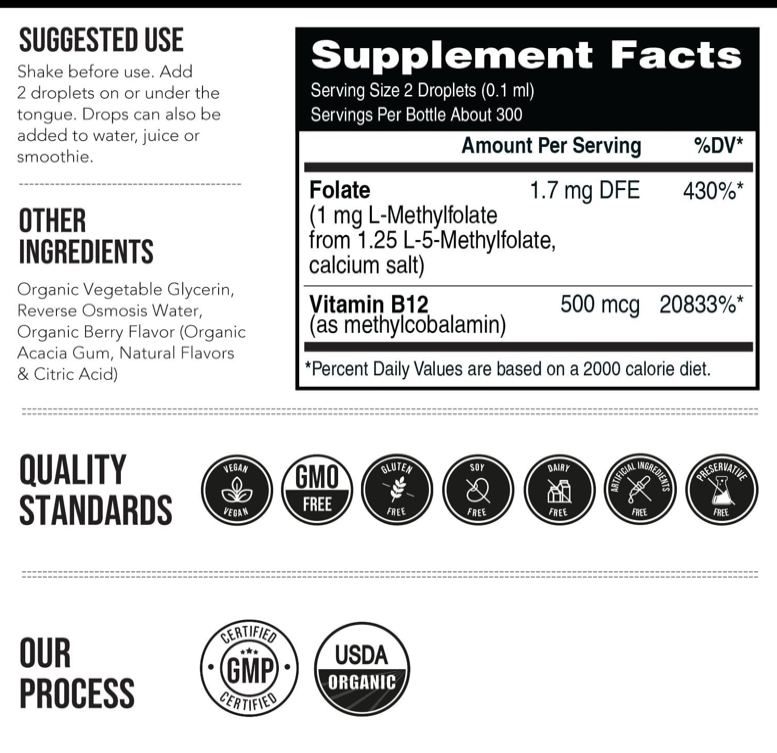 Organic Methyl Folate 1000mcg B12 Sublingual Liquid Berry Flavor 300 ...
