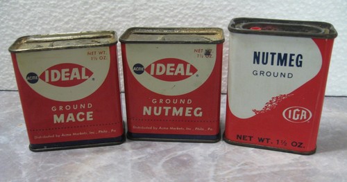 3 VTG Spice Tin Cans IGA Nutmeg, Acme Ideal Ground Mace Nutmeg w ...