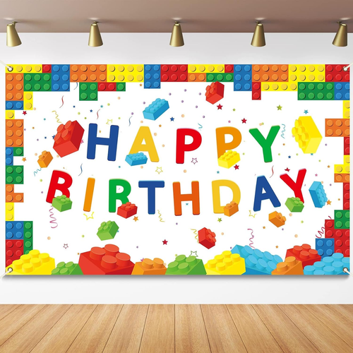 Building Blocks Happy Birthday Banner Colorful Blocks Birthday Party ...