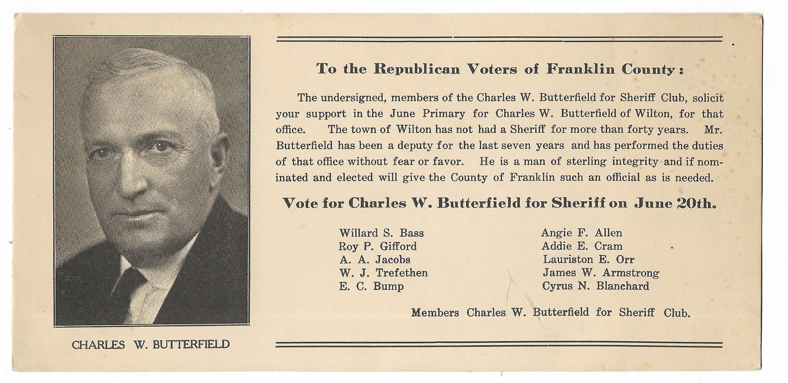 Original Political Advertising Charles W Butterfield Of Wilton Maine ...