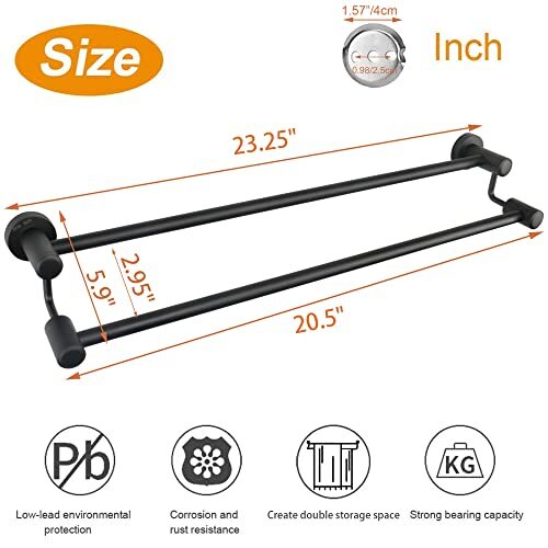 TOWEL BAR Rack Double Rod Hanger Holder Wall Mount Bathroom Black 24 ...