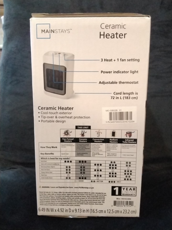 Mainstays 700-1500W White Ceramic Fan-Forced Electric Space Heater, New ...
