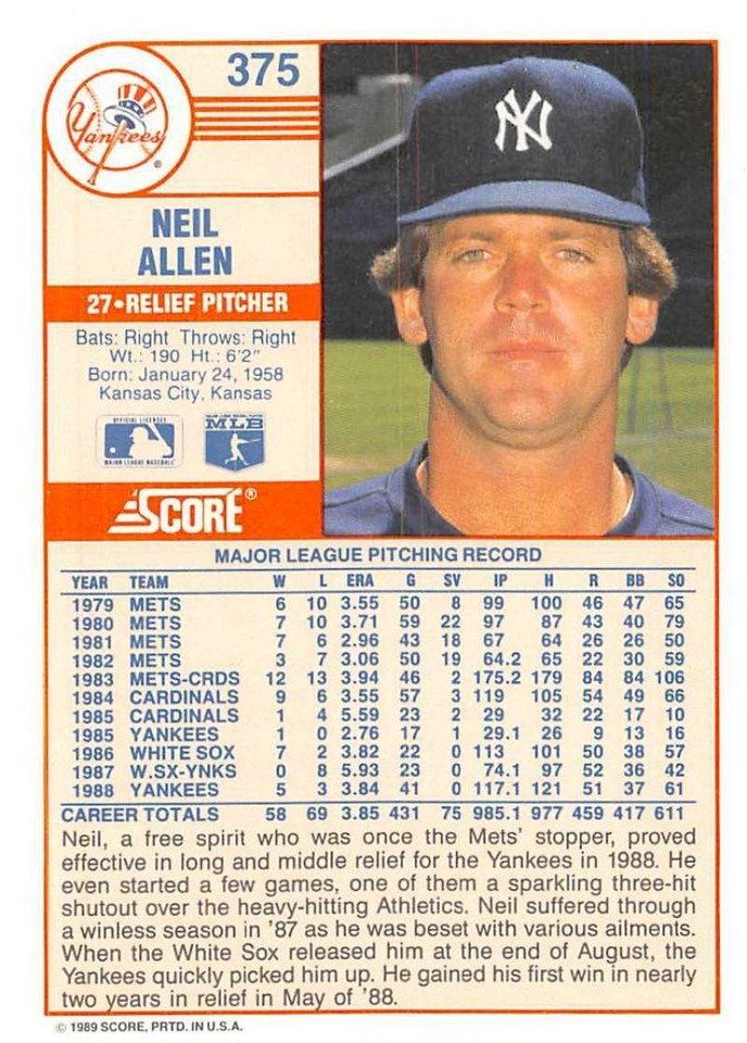 1989 Score #375 Neil Allen NM-MT Yankees | eBay