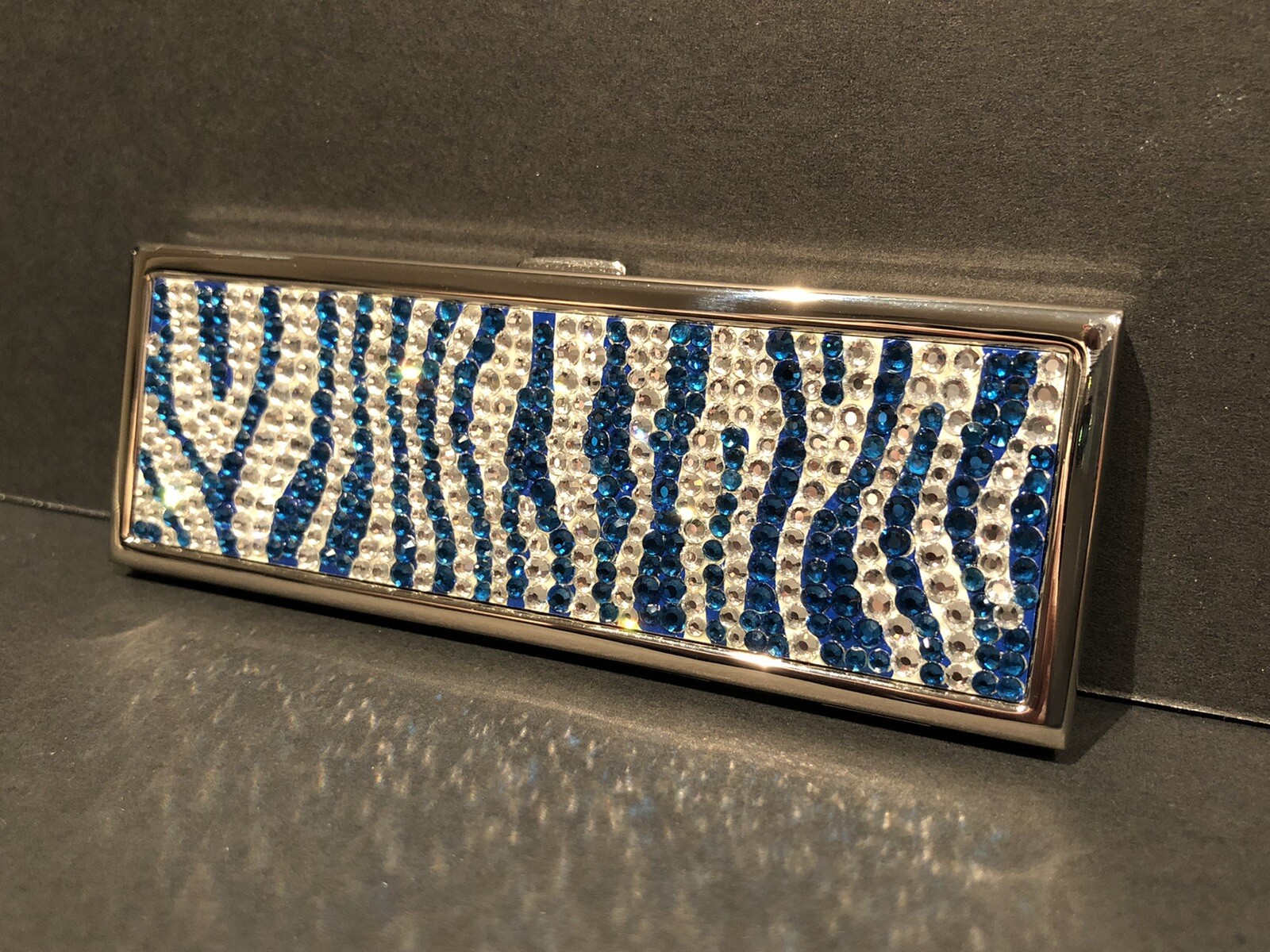 JUDITH LEIBER Compact Pocket Mirror Blue Clear Crystal Top Silver ...