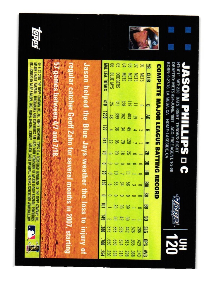 2007 Topps Updates & Highlights #UH120 Jason Phillips Toronto Blue Jays ...