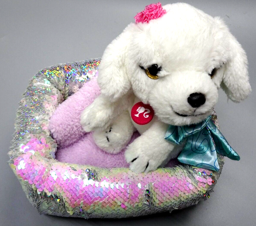 Adorable stuffed Mattel Just Play Barbie Pet dog w/Sequined Doggie Bed ...