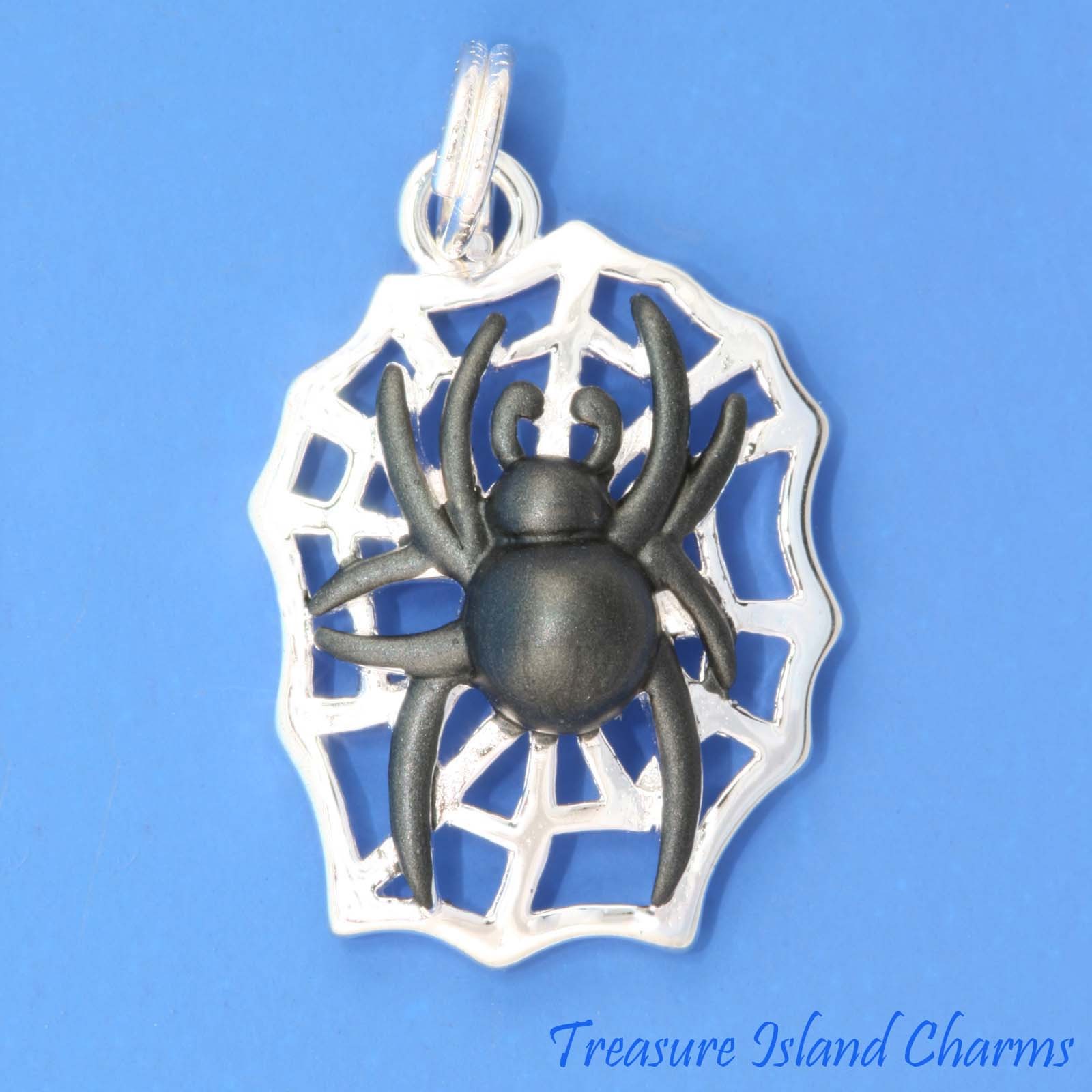 Black Enamel Spider on Cobweb Web 3D 925 Sterling Silver Charm Pendant ...