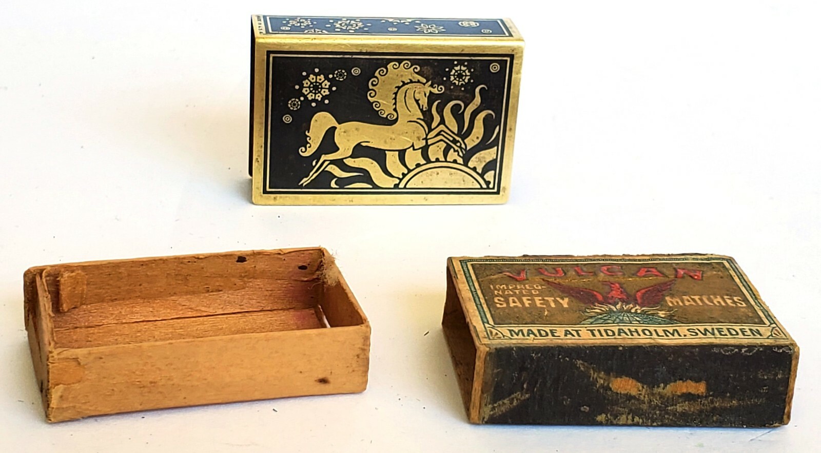 Metal MATCHBOX COVER black w/ gold horse USA & Empty wooden VULCAN ...