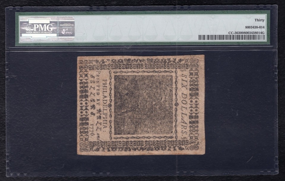 CC-36 MAY 9, 1776 $6 SIX DOLLARS CONTINENTAL CURRENCY NOTE PMG VERY ...