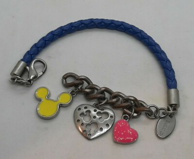 Leather & Chain Bracelet Blue Disney Mickey Mouse Hearts Charm Silver ...