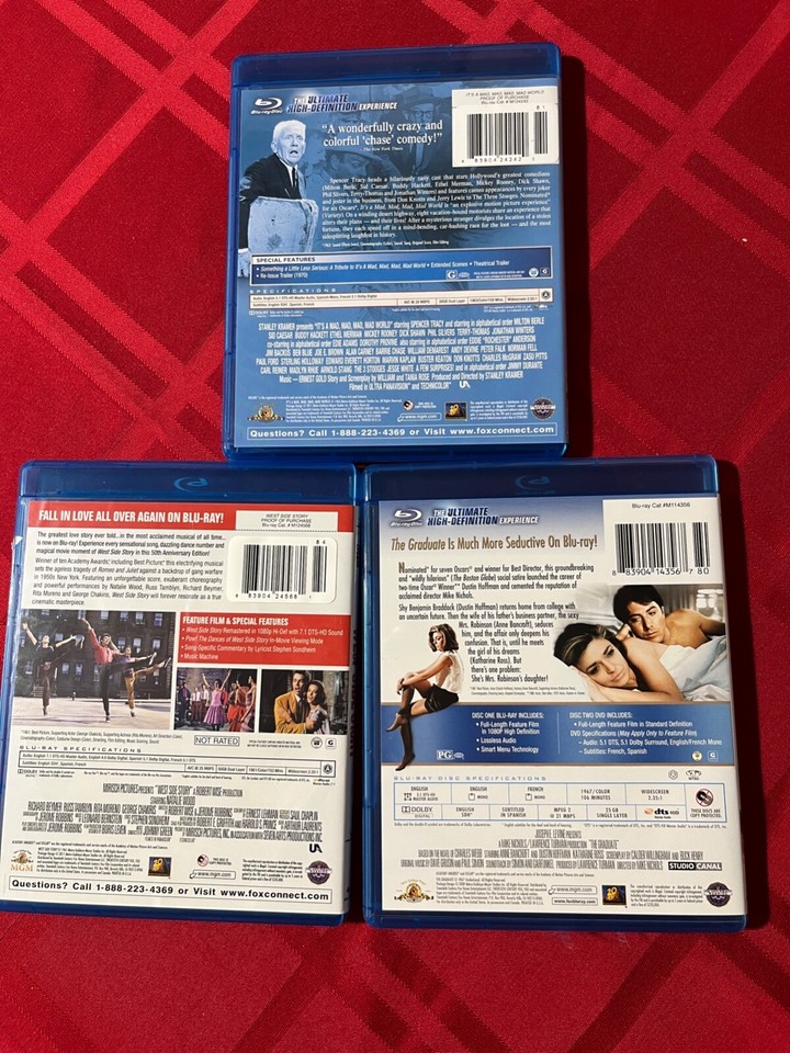 (3) Blu-ray Disc DVD - The Graduate, Mad Mad Mad World, West Side Story ...