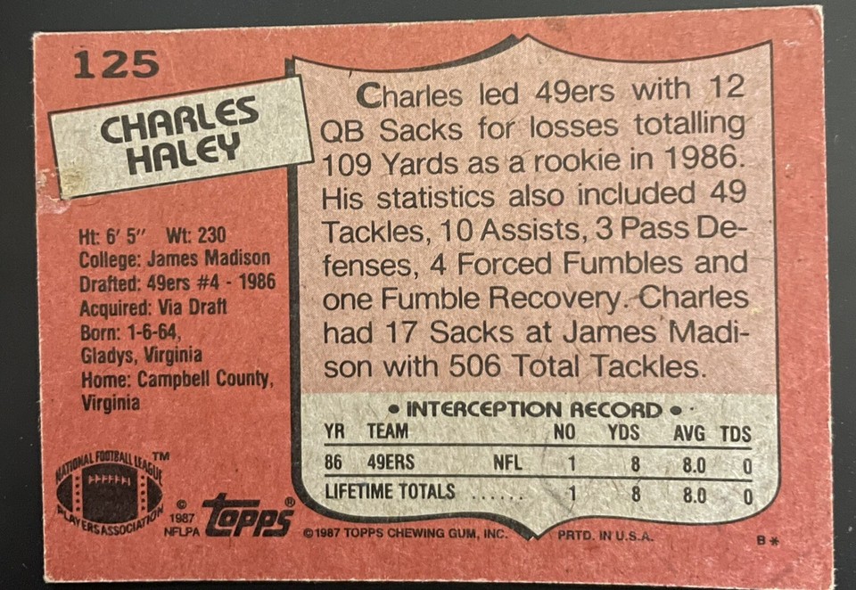 San Fransisco 49ers 1987 TOPPS FOOTBALL CHARLES HALEY ROOKIE CARD #125 ...