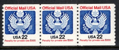 US Stamp Scott #O136, Official, 22c, Perf 10, Coil Strip of 3, MNH, SCV ...