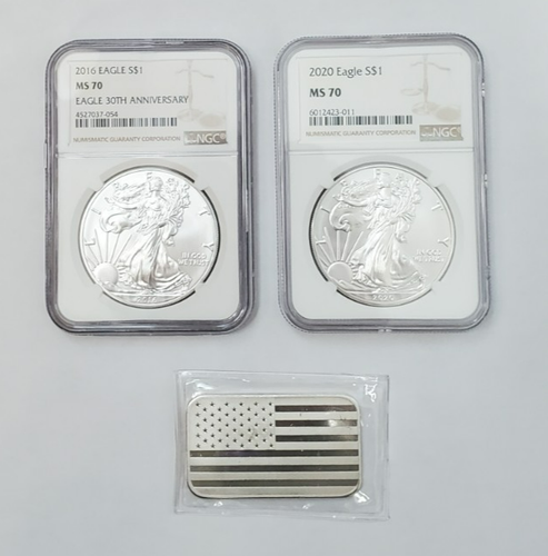 Silver Coins Lot - 2016 Silver Eagle MS70 - 2020 Silver Eagle MS70 ...