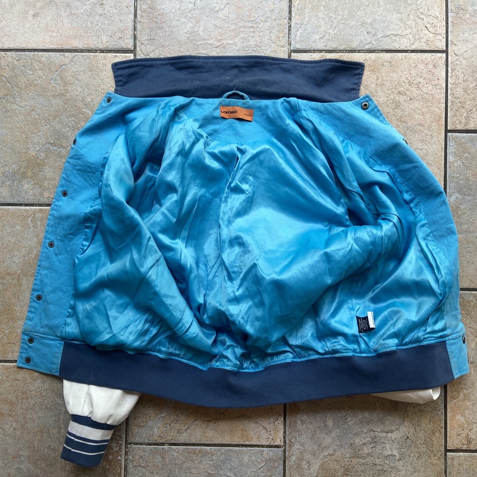Loiter Varsity Jacket “Flaws N Sins” Sky Blue Size Small MSRP $200 Same ...