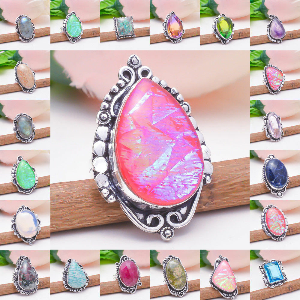 Dichroic Glass & Mix Stone 925 Sterling Silver Plated 10pcs Lot Rings ...