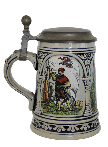 West Germany Rein Zinn BMF Lid Glass Beer Stein Medieval Scene 7”T 6”W ...