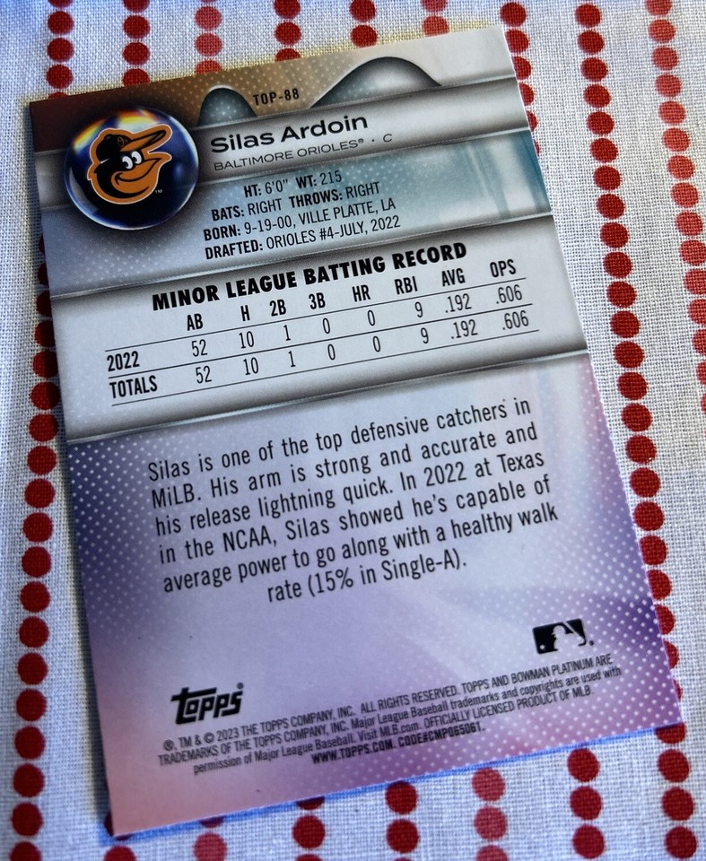 2023 Bowman Platinum Top Prospects #TOP-88 Silas Ardoin Baltimore ...