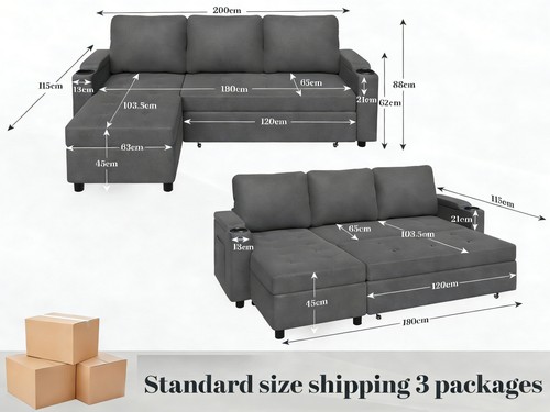 Gunji L-Shaped Corner Sofa Bed 3 Seater Pull Out Sleeper Sofa with ...