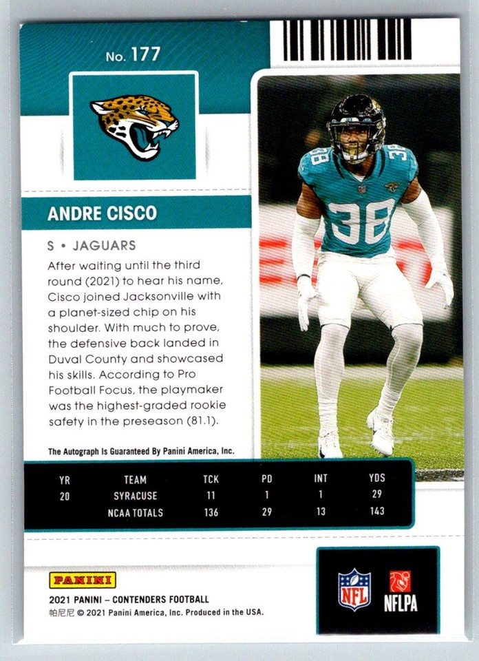 2021 Contenders Rookie Ticket Auto Andre Cisco #177 Jaguars RC TC3295 ...