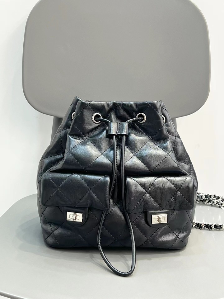 Small Mini Quilted Real Leather Drawstring Bucket Backpack Chains Purse ...