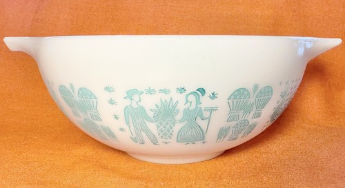 VTG 443 Pyrex White Turquoise Amish Butterprint 2.5 Quart Cinderella ...