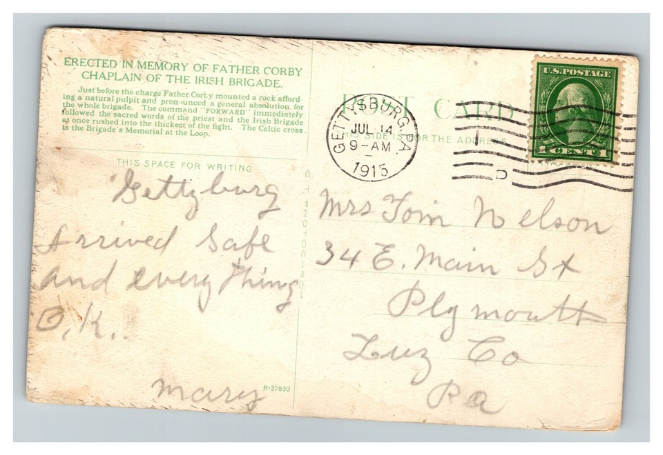 Vintage 1915 Postcard Irish Brigade Monument Father Corby Statue ...
