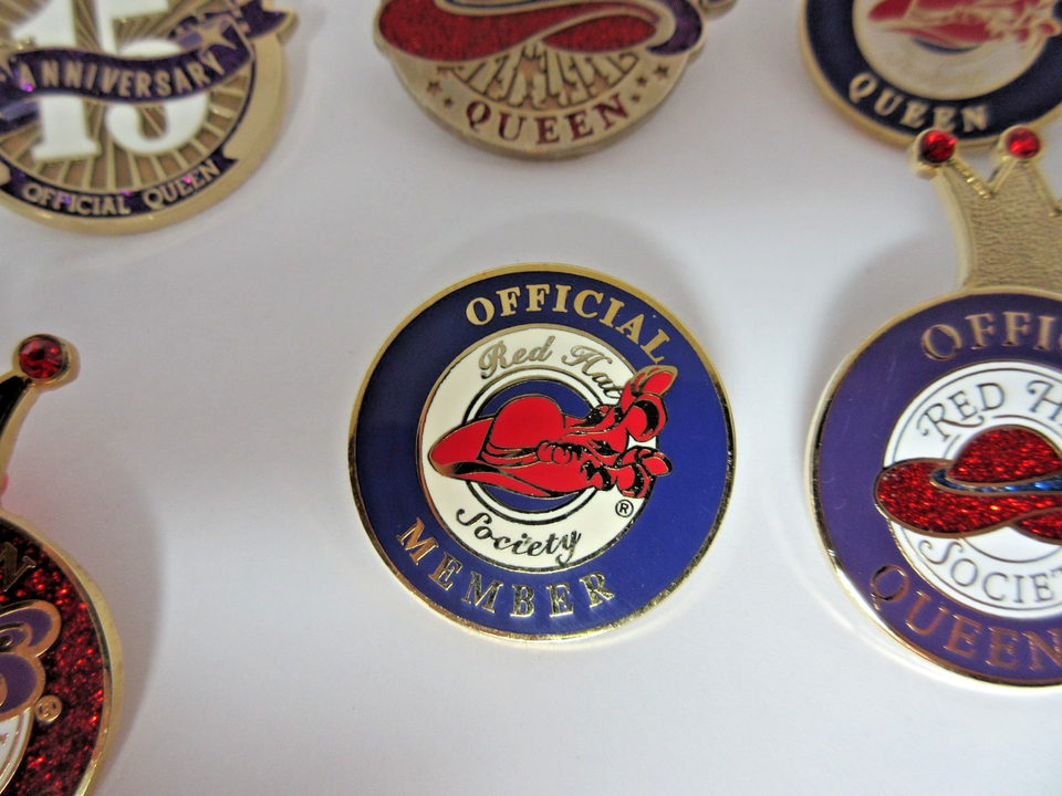 Lot of 6 Vintage Red Hat Society Official Queen Enamel Lapel Pins & 1 ...