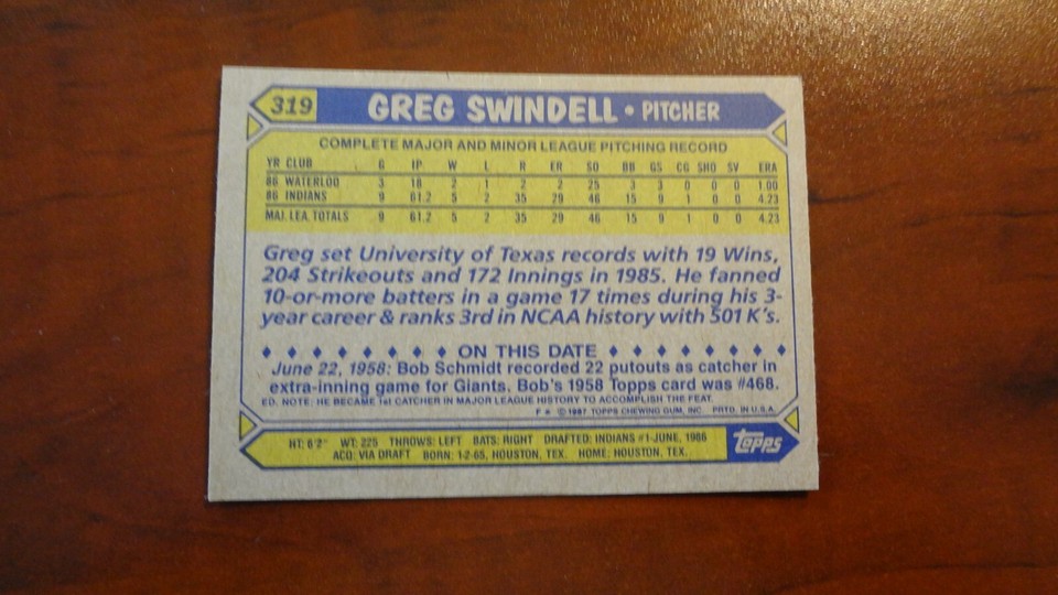 1987 TOPPS # 319 GREG SWINDELL BASEBALL CARD | eBay