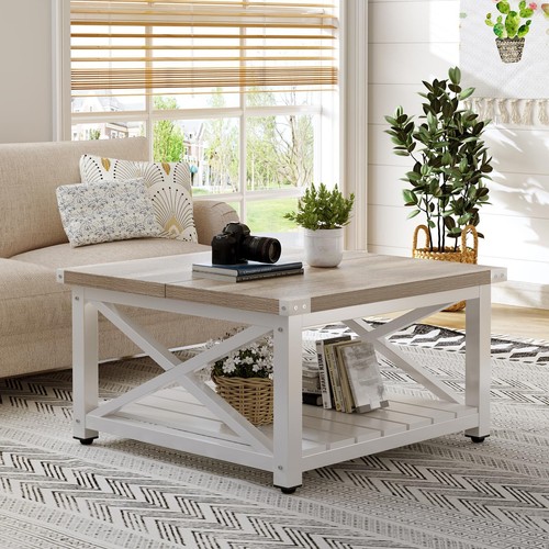 Modern Farmhouse Coffee Table Wood Square Center Table with Open ...