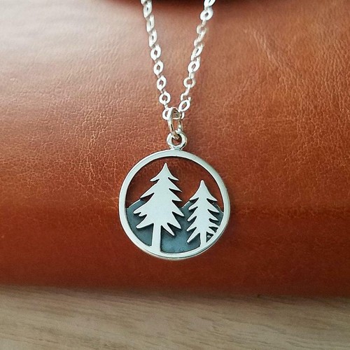 925 silver 20" necklace PINE TREE FOREST NATURE pendant charm mom women ...