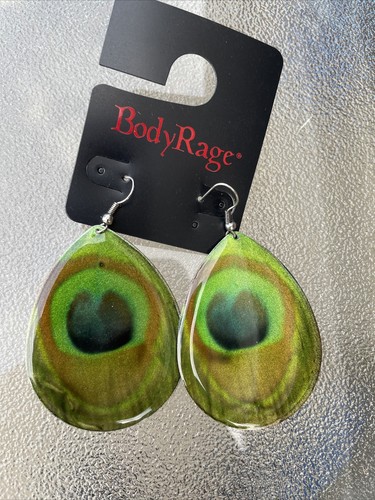 NWT Body Rage Green Dangle Pierced Ears Peacock Feathers | eBay