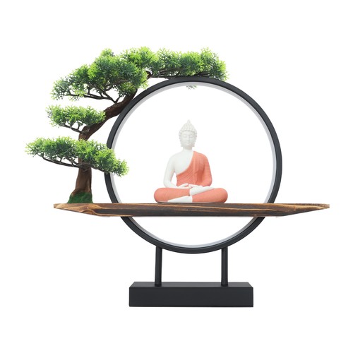 Buddha Statue with Green Artificial Tree and LED Circle Table Lamp ...