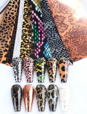 10 x MIXED LEOPARD Nail Art Foil Set Sticker Transfer Foils Manicure UK ...