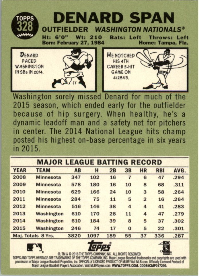 2016 Topps Heritage #328 Denard Span Washington Nationals | eBay