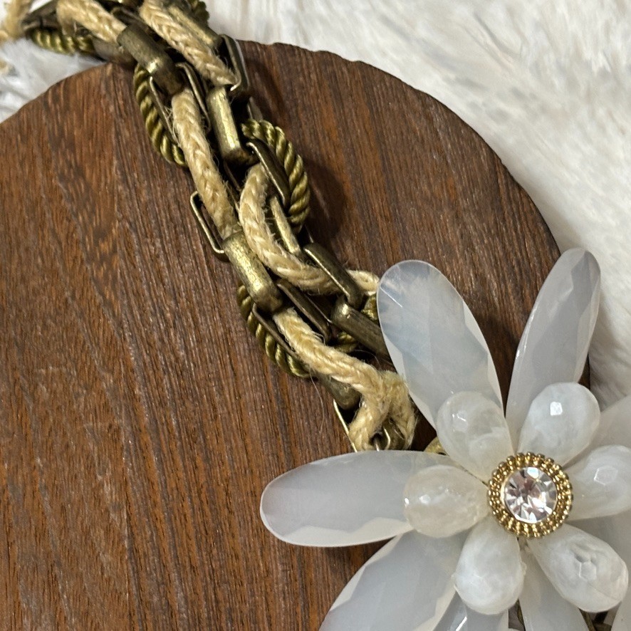 Anthropologie Marguerite Bib Statement Necklace White Flower Gold Brass ...
