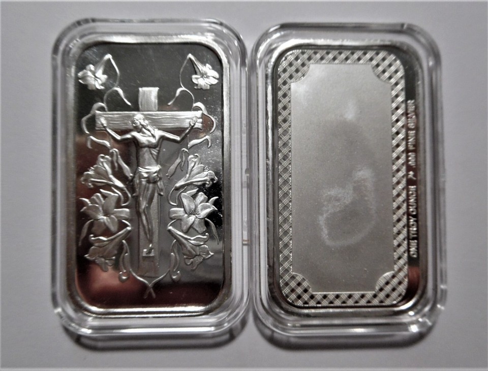 1oz JESUS ON THE CROSS .999 SILVER BAR ~ SEALED IN A HARD PLASTIC AIR ...