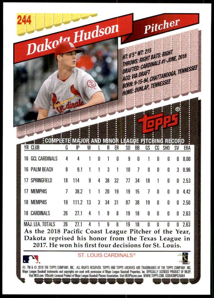 Dakota Hudson 2019 Topps Archives 5x7 Gold #244 RC 4/10 Cardinals | eBay