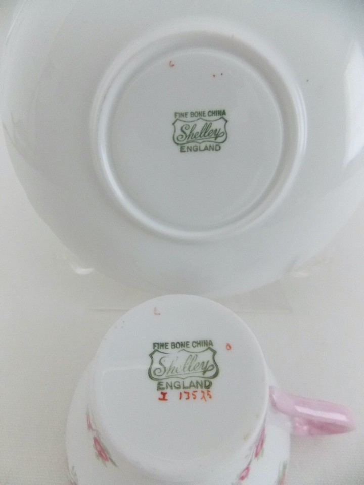 SHELLEY ROSE PINK BONE CHINA CUP AND SAUCER WHITE AND PINK GREEN VINE ...