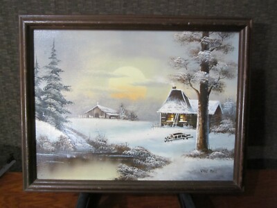 Van Bell Signed Original Oil on Canvas Log Cabin & Barn Winter Scene ...