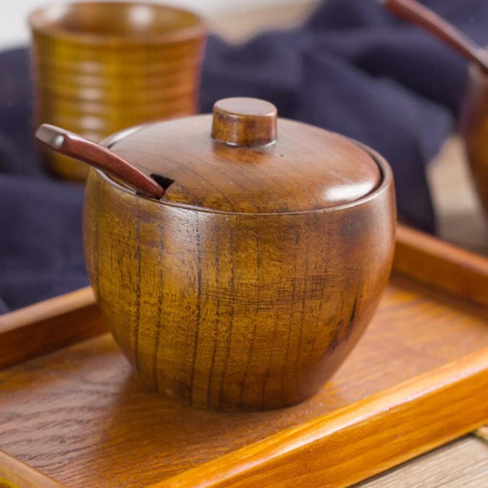 Wooden retro solid wood salt pot with lid seasoning pot kitchen ...