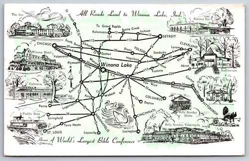 Winona Lake Indiana~World's Largest Bible Camp~Map~Mini Views~1950s B&W ...